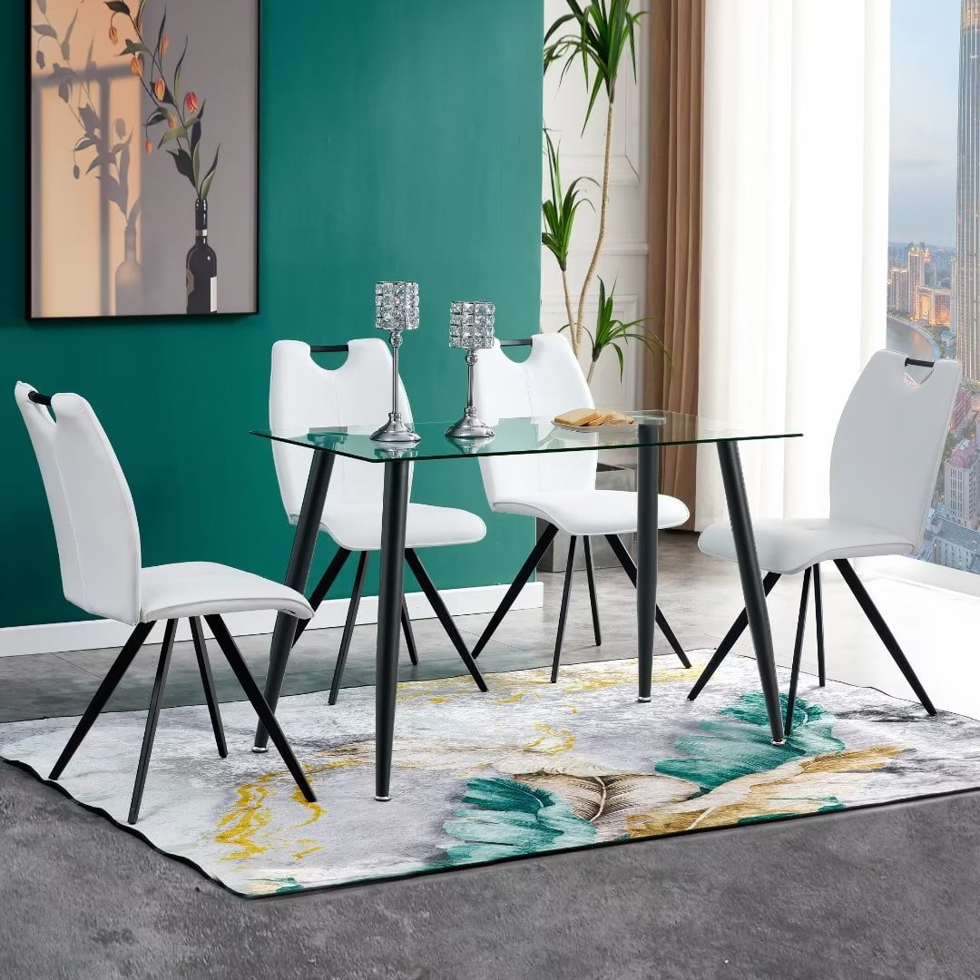 5 Pieces Dining Table Set, Rectangular Glass Dining Table and 4 PU ...