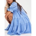 Blue Puff Sleeve Babydoll Mini Dress With Lace Trim Square Neck Flowy A ...
