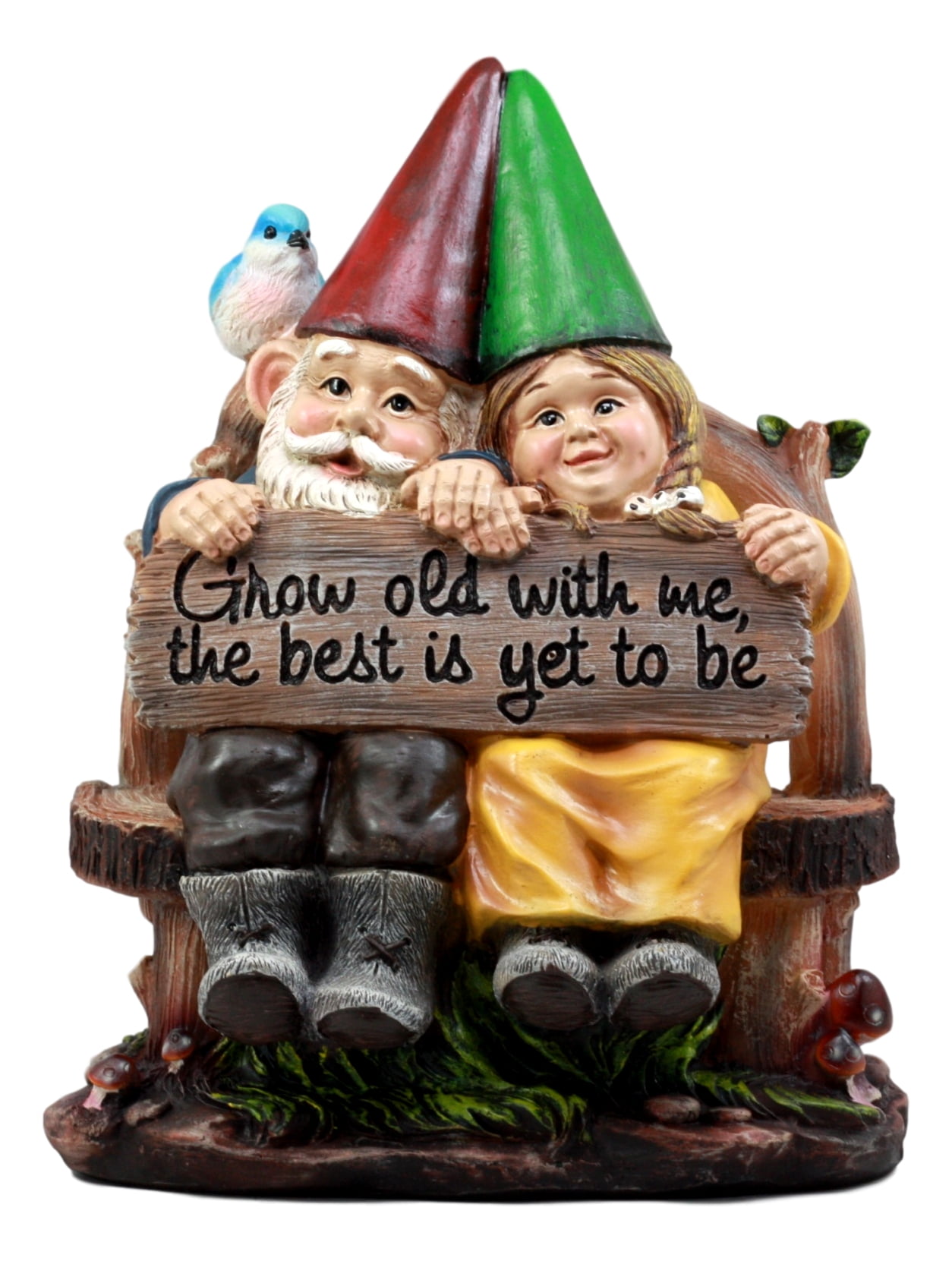 Ebros Whimsical Mr & Mrs Gnome Sitting On Rustic Chair With Blue Bird ...