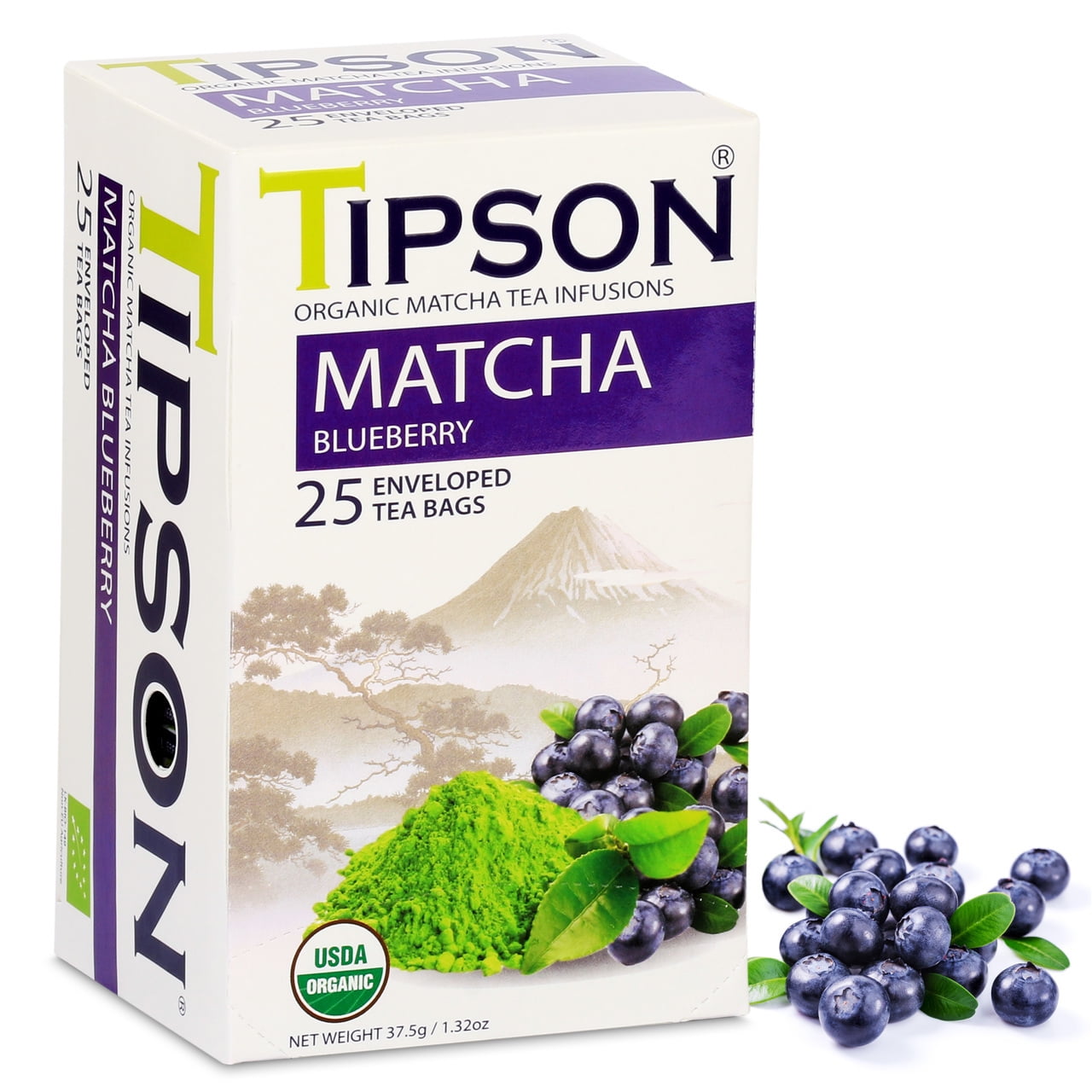 Tipson Organic Matcha Green Tea - Blueberry Flavor - 25 Foil Enveloped ...