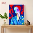 2D Flat red hair fluttering figure blue purple geometric face blue coat ...