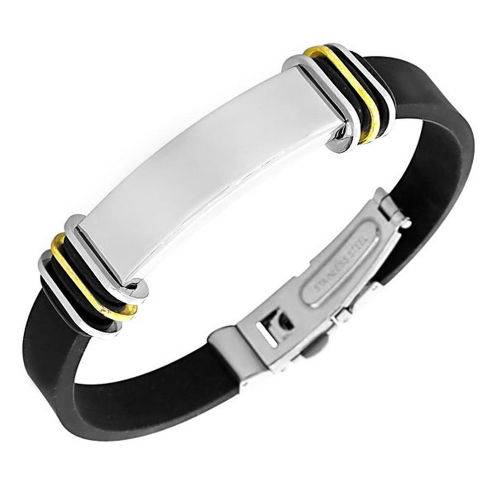 EDFORCE Stainless Steel Black Rubber Silicone Two-Tone Men's Bracelet ...