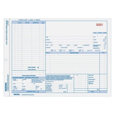 Adams Auto Repair Order Book, 3-Part Carbonless, White/Canary/Pink, 8-1 ...