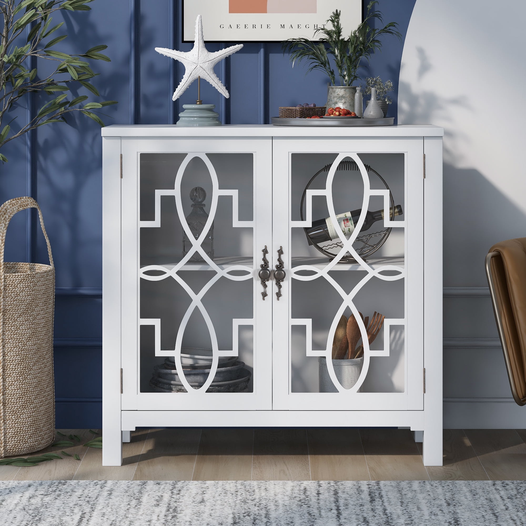 Wood Accent Buffet Side Table with Openwork Doors and Adjustable Shelf ...
