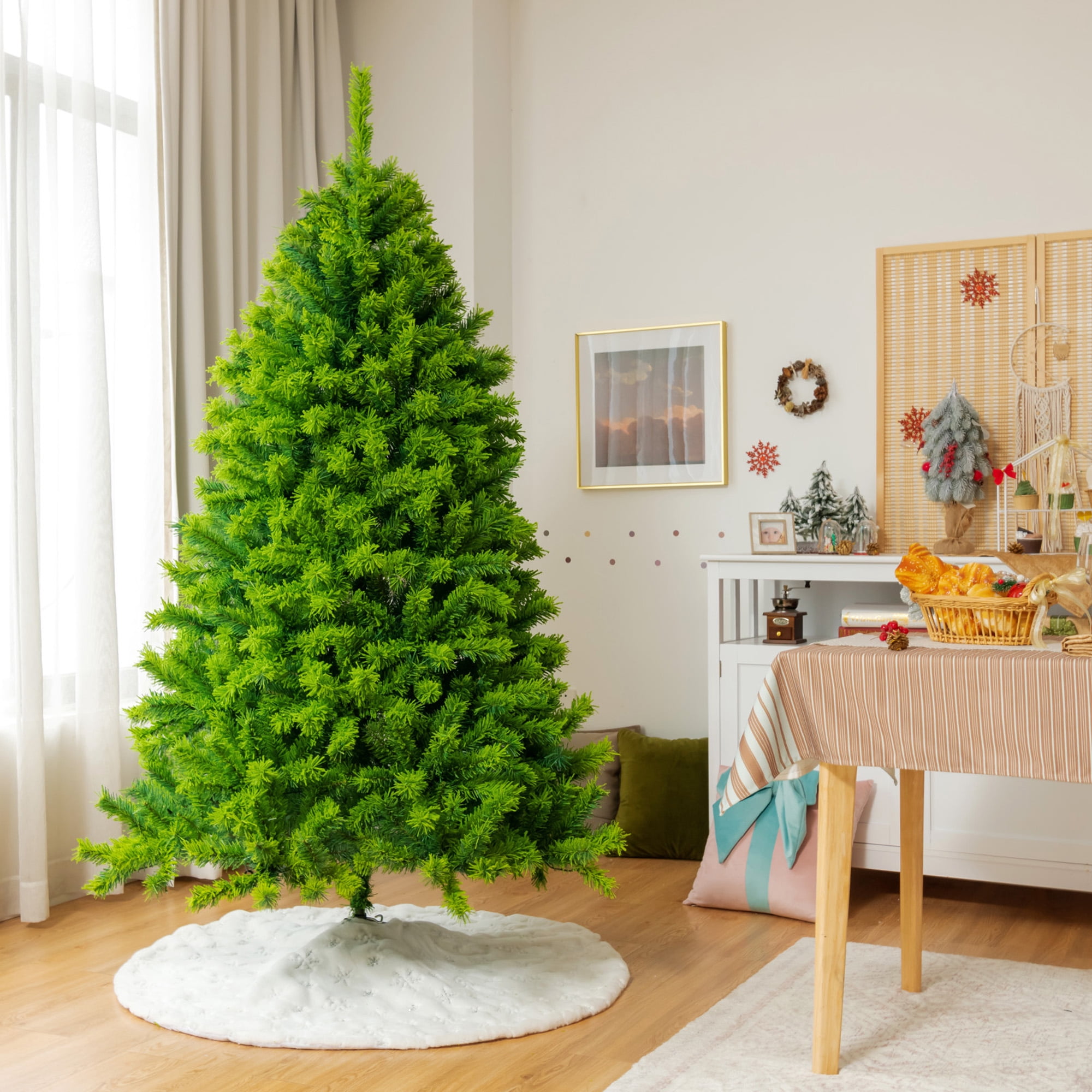 Gymax 6.5 FT Verdant Artificial Christmas Tree Hinged Green Flocked ...