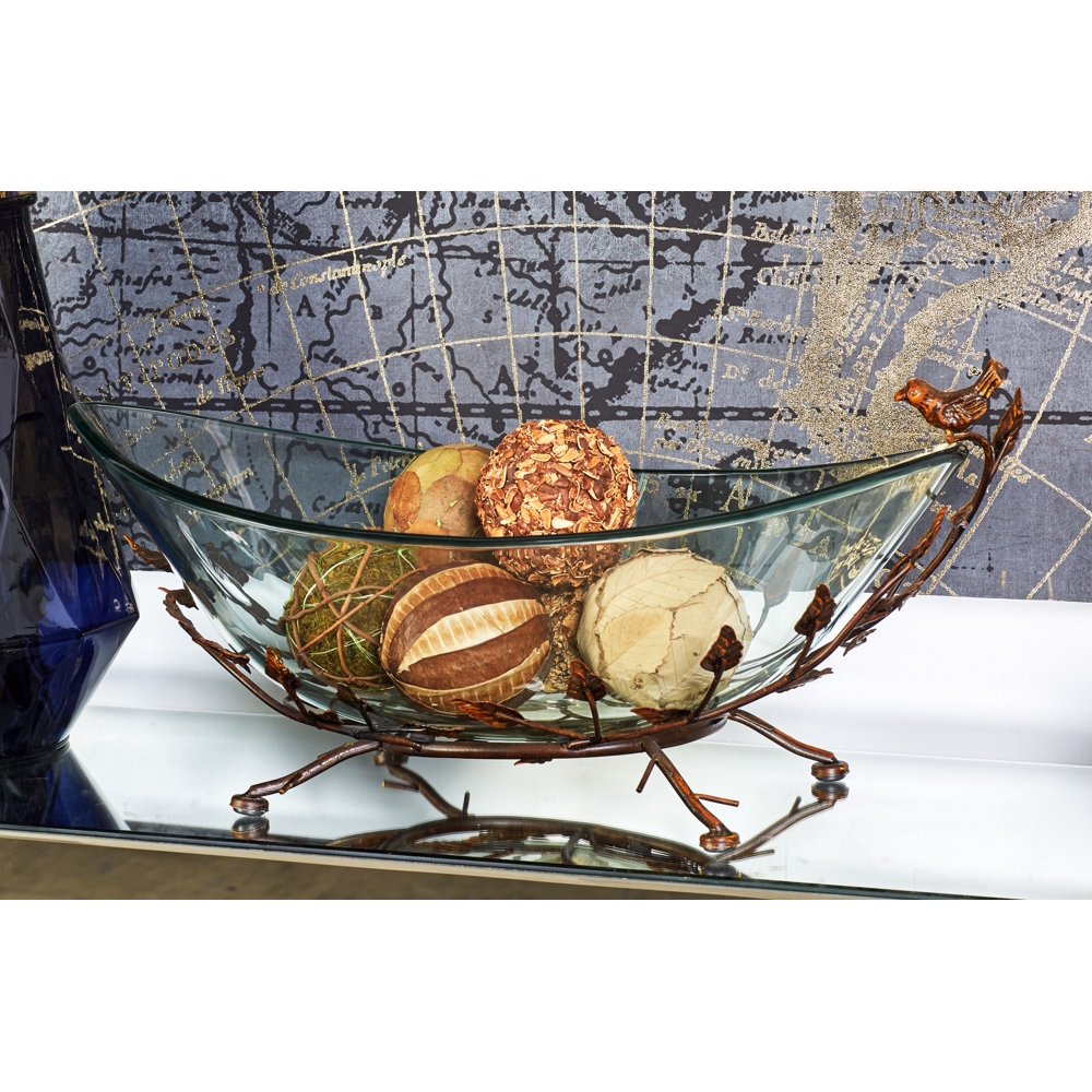 Decmode 8 X 22 Inch Traditional Oval Glass Bowl With Metal Elm Leaf ...