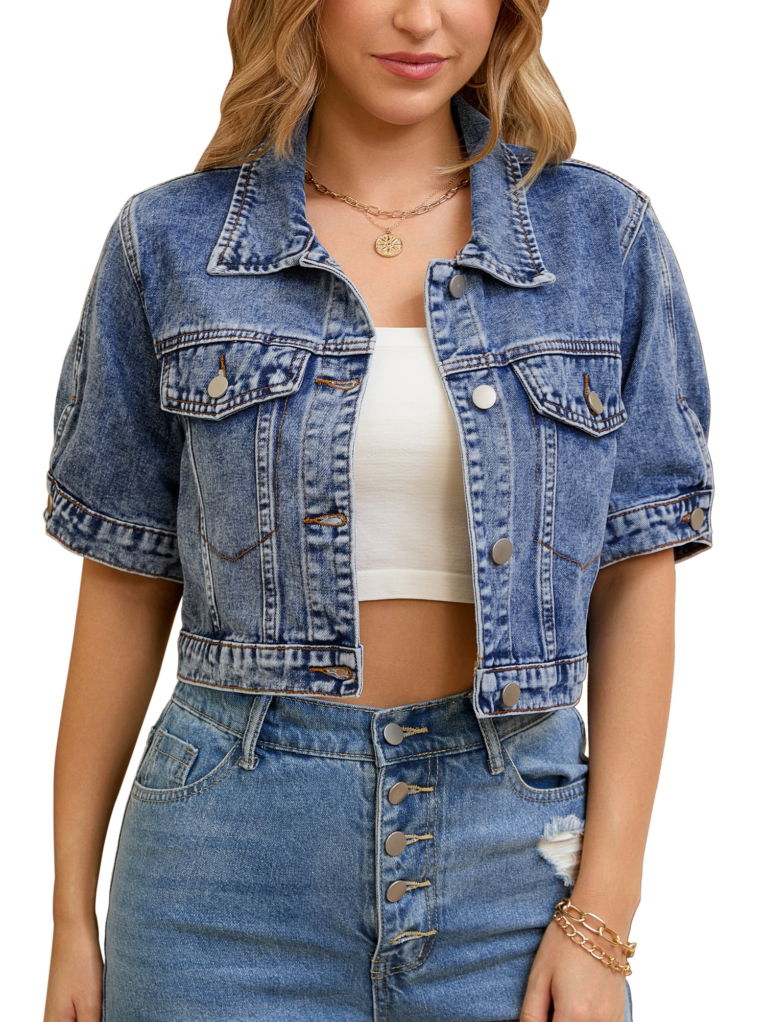 CHAQUETA DE MEZCLILLA CORTA DE MANGA CORTA PARA MUJER INSPIRADA EN CHIC ...