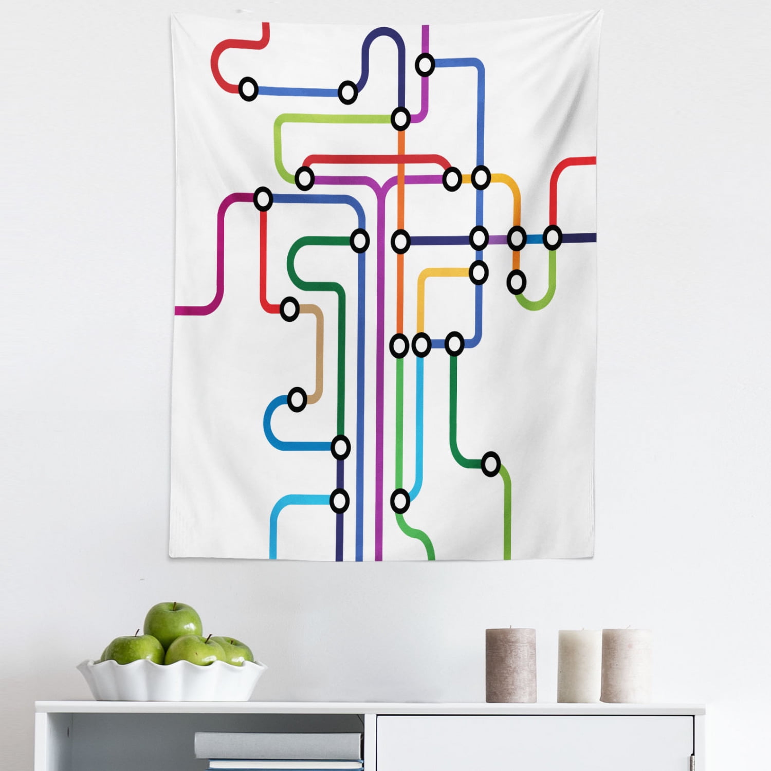 Map Tapestry, Colorful Abstract Subway Map Lines and Dots Navigation ...