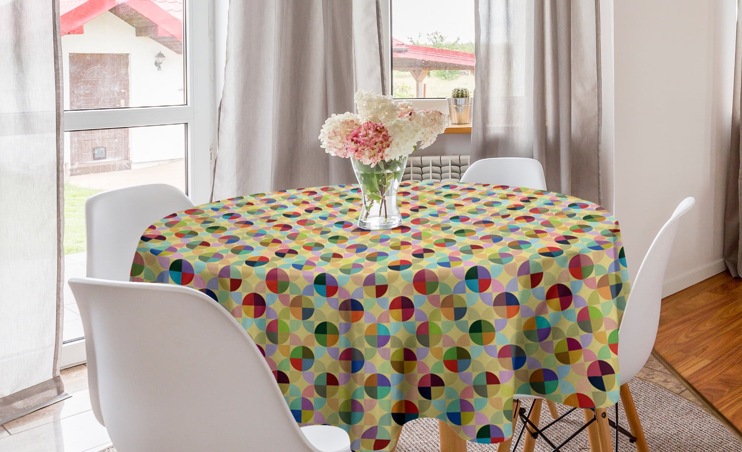 Geometric Round Tablecloth, Circular Tile Arrangement Abstract Modern ...