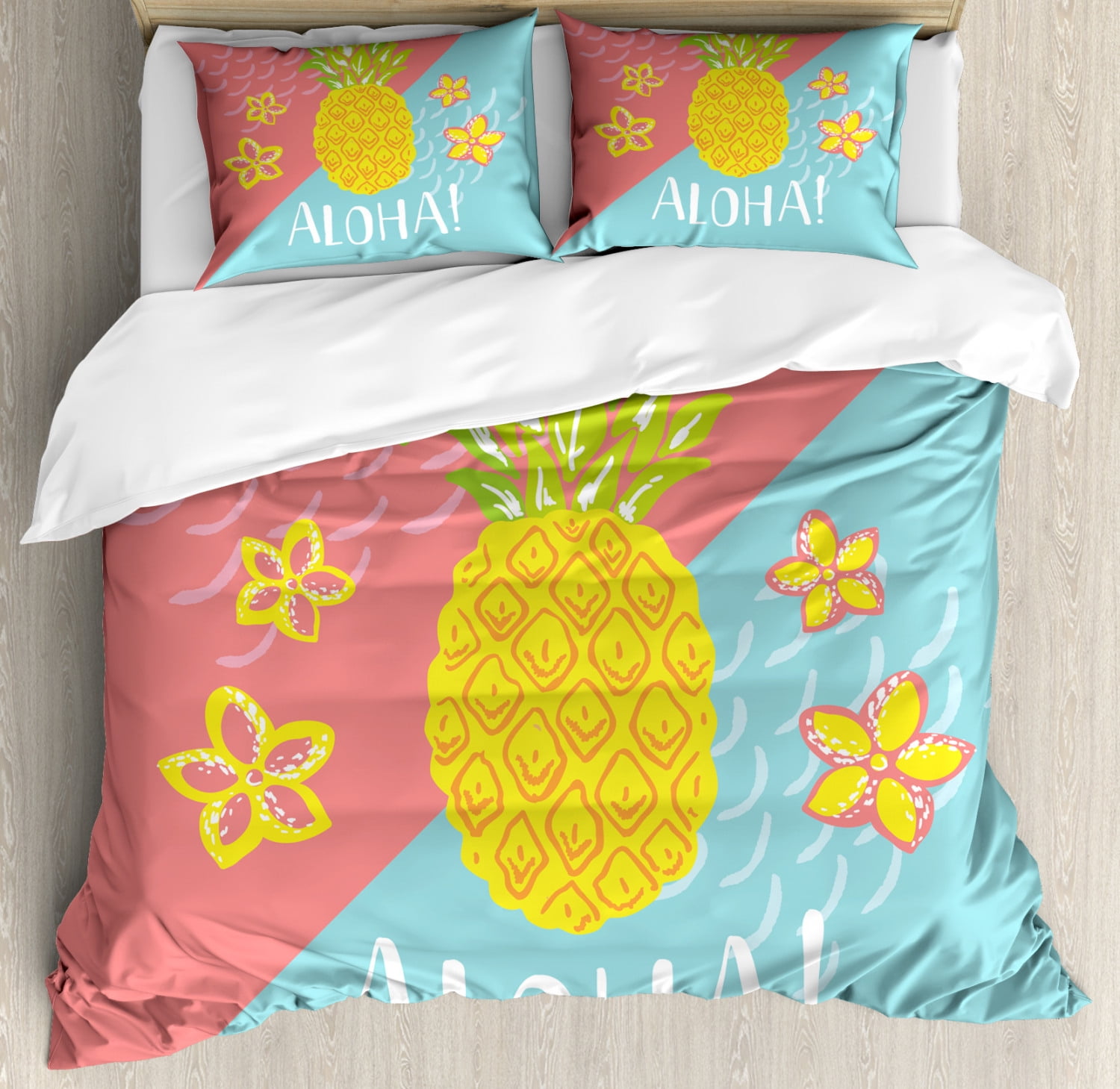 Aloha Duvet Cover Set King Size, Flowers and Pineapples with ...