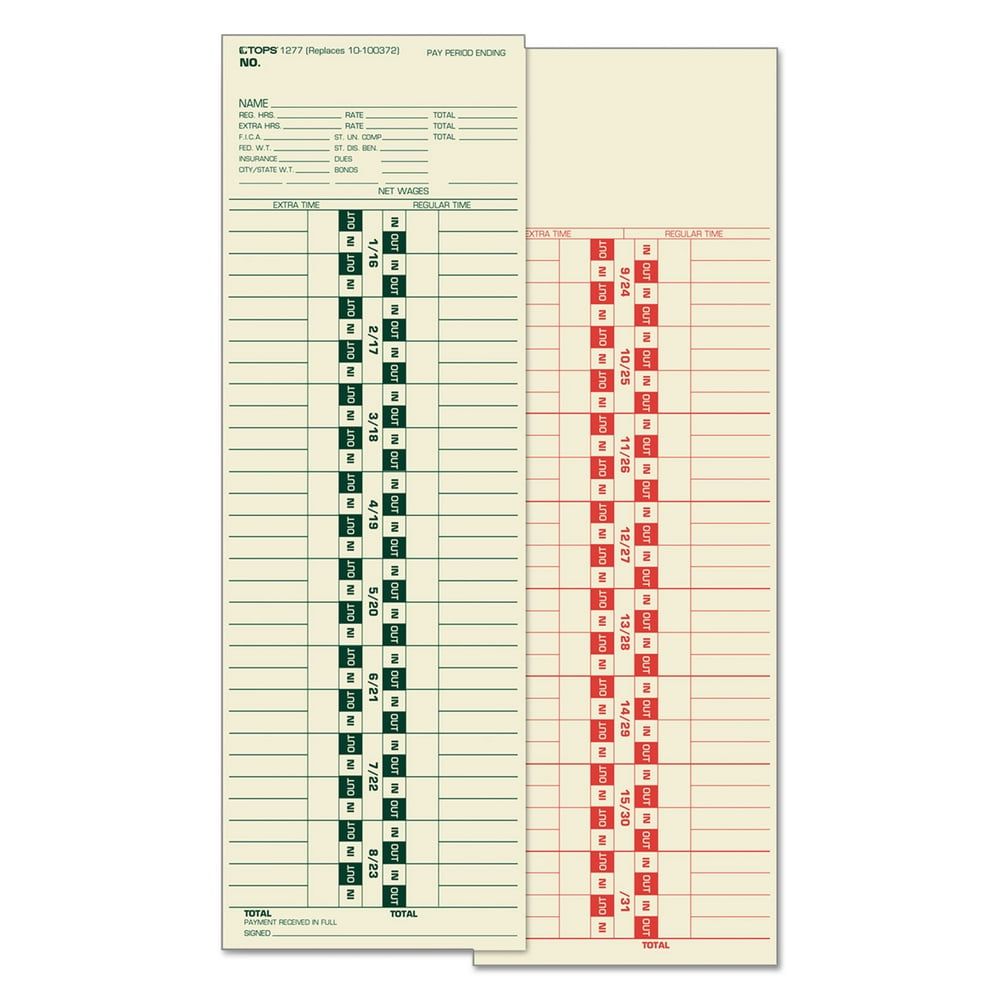 Tops Time Card for Simplex Semi-Monthly 3 1/2 x 10 1/2 500/Box 1277 ...