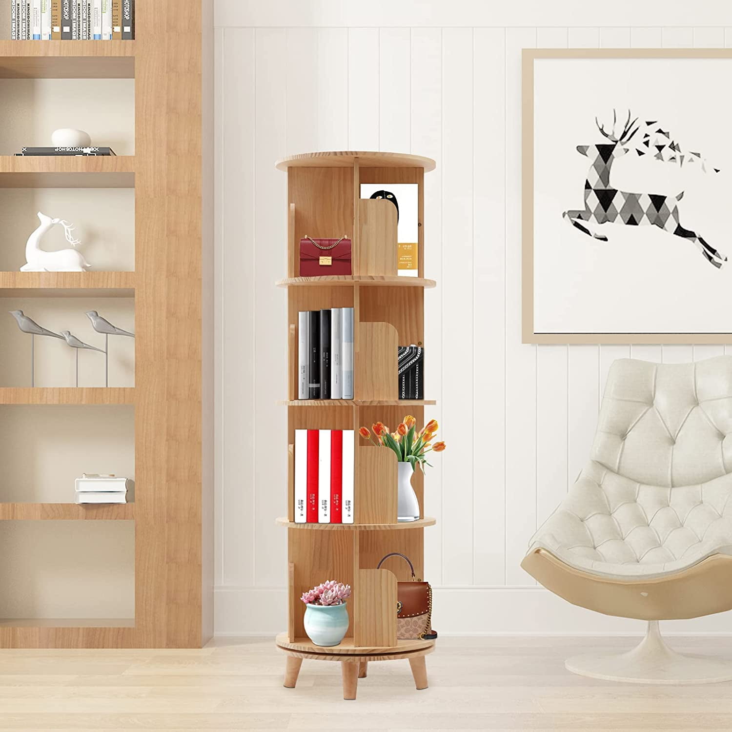 SHZICMY Wood 4 Tier Floor Standing 360 Rotating Bookshelf for Bedroom ...