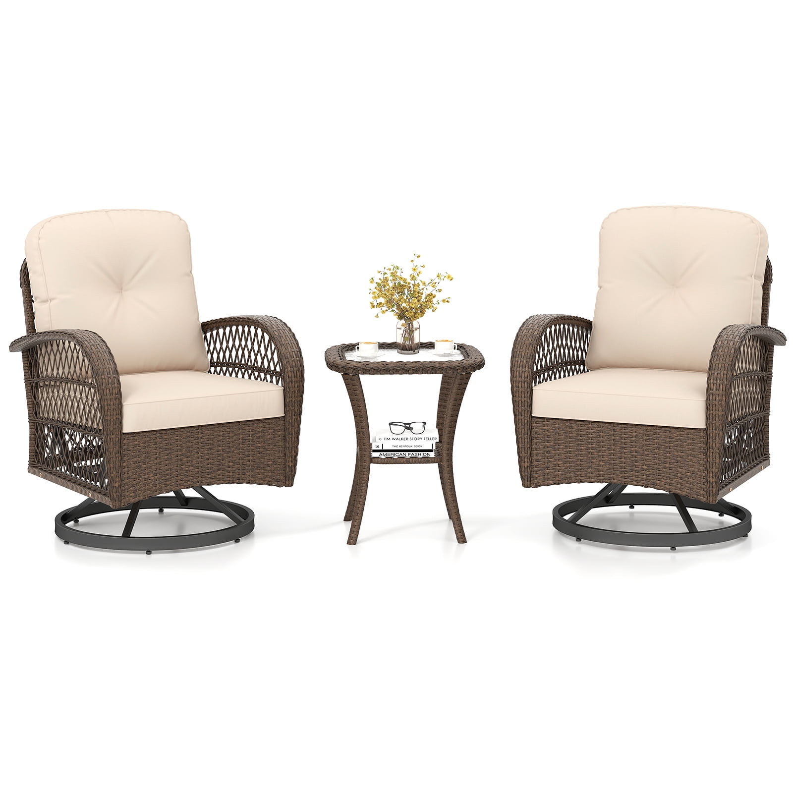 Gymax Set Of 3 Patio Swivel Rocker Set Gliding Bistro Furniture Set W/ Tempered Glass Table Beige