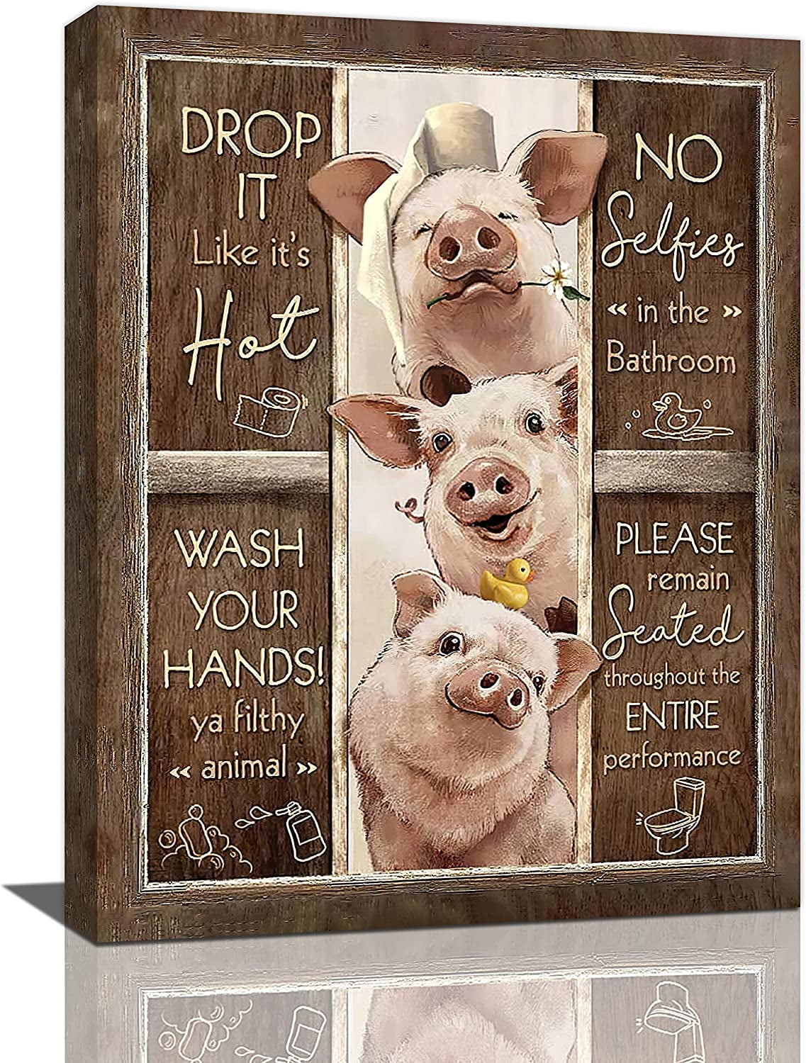 Rustic Bathroom Decor Wall Art Cute Pig Pictures Canvas Print Funny Pig ...