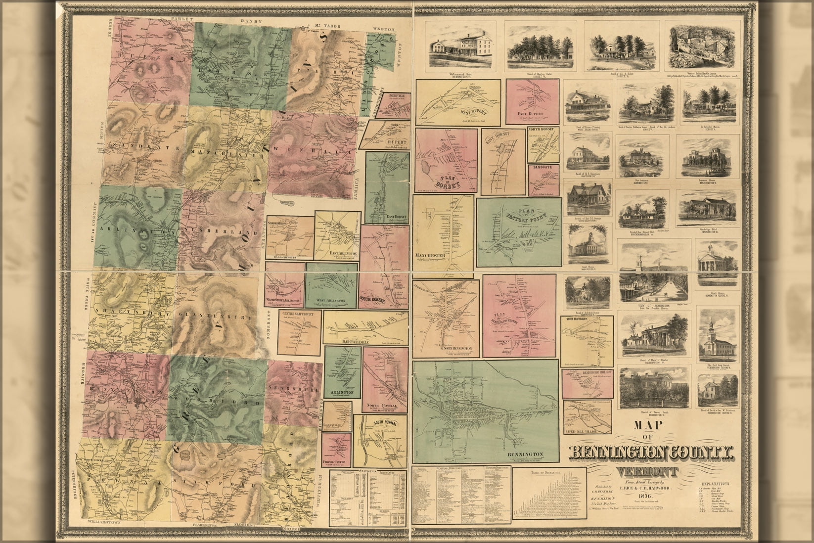 24"x36" Gallery Poster, Map of Bennington County, Vermont 1856 ...