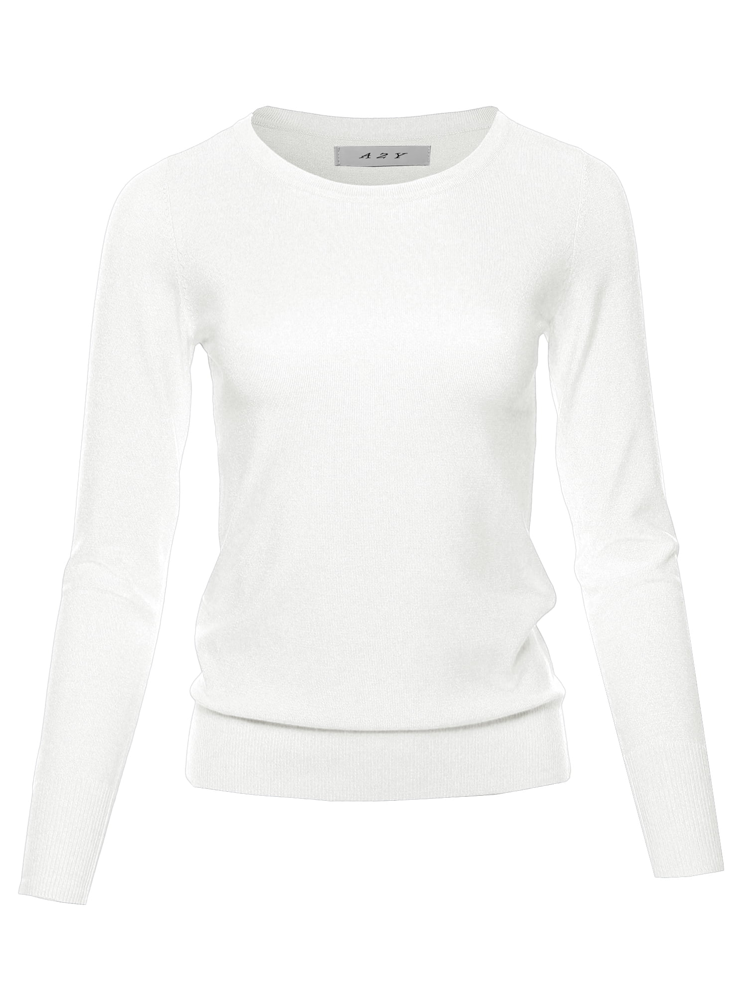 A2y Womens Fitted Crew Neck Long Sleeve Pullover Classic Sweater White