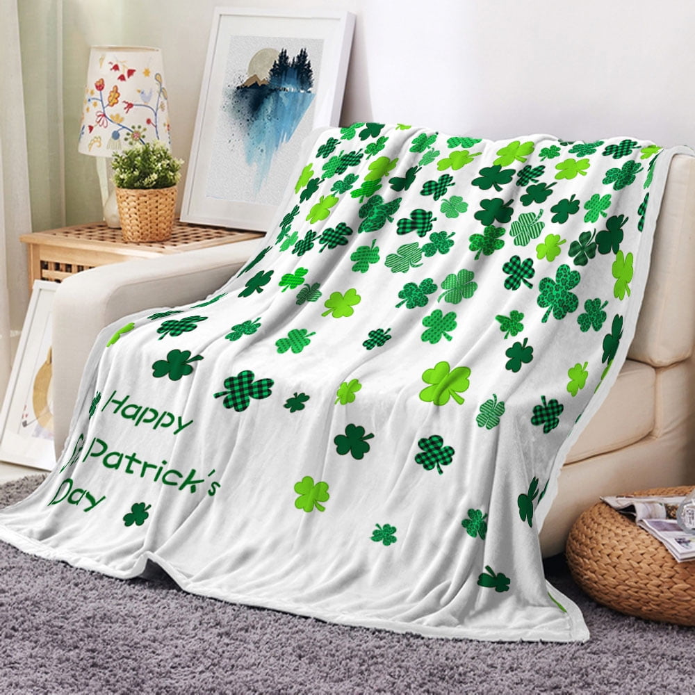 St. Patrick's Day Throw Blanket, Green Clover Shamrock Leaf Irish Throw ...