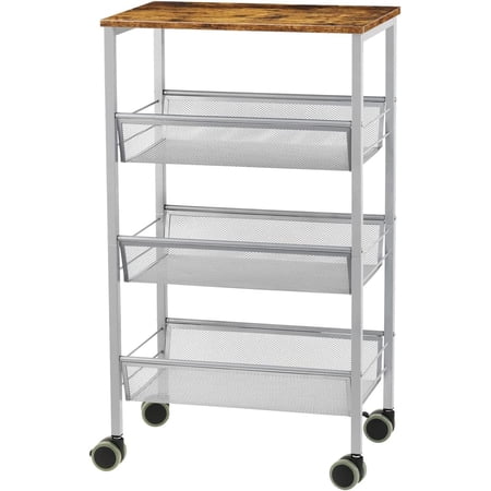 4-Tier Rack Trolley with Wooden Top Plate, Kitchen Storage Wagon, Multi ...