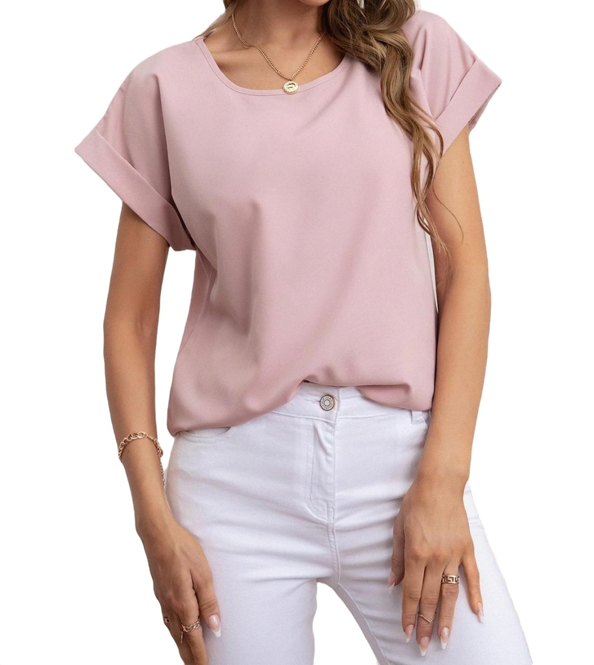 Dusty Pink Casual Plain Top Round Neck Short Sleeve Women's Blouses ...