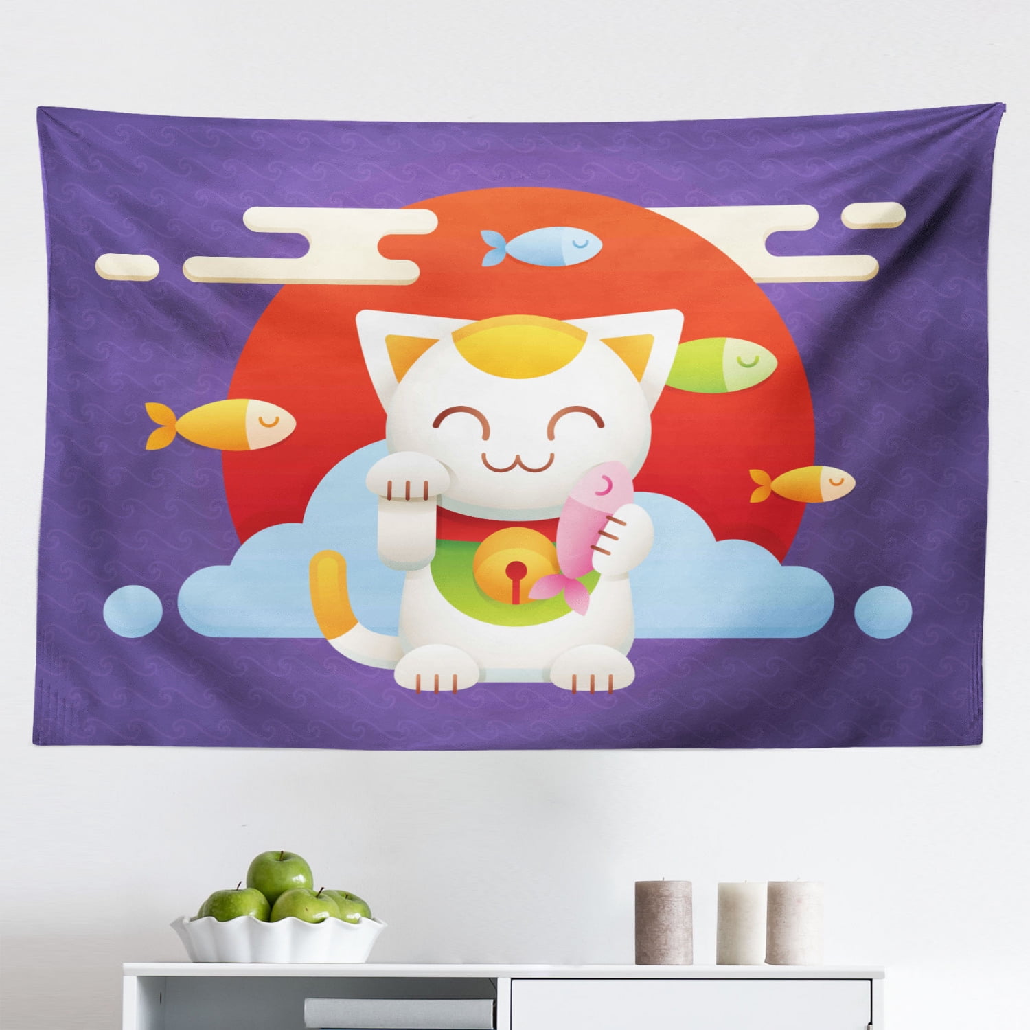 Japanese Cat Tapestry, Cat Luck Signs Sen Man Ryou Coins Mellow Eyes ...