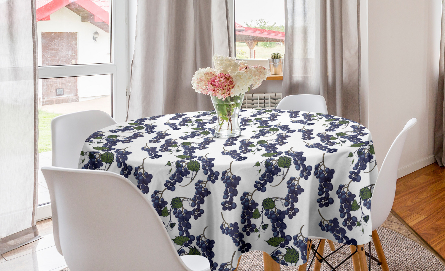 Botanical Round Tablecloth, Fresh Bunch of Grapes and Leaves on ...
