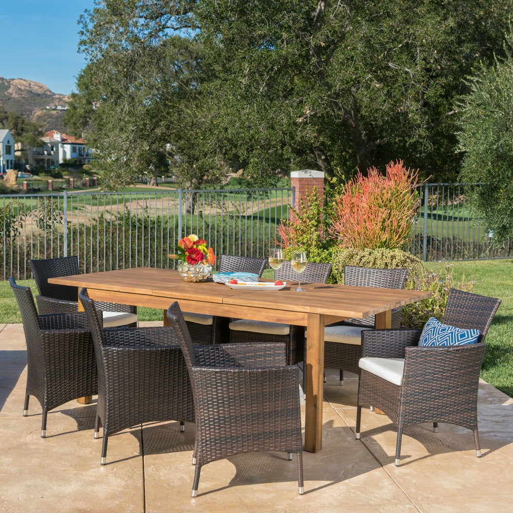 Shane Outdoor 9 Piece Wicker Dining Set with Expandable Dining Table ...