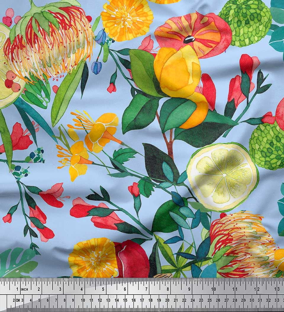 Soimoi Blue Georgette Viscose Fabric Lemon Slice,Leaves & Floral Print ...