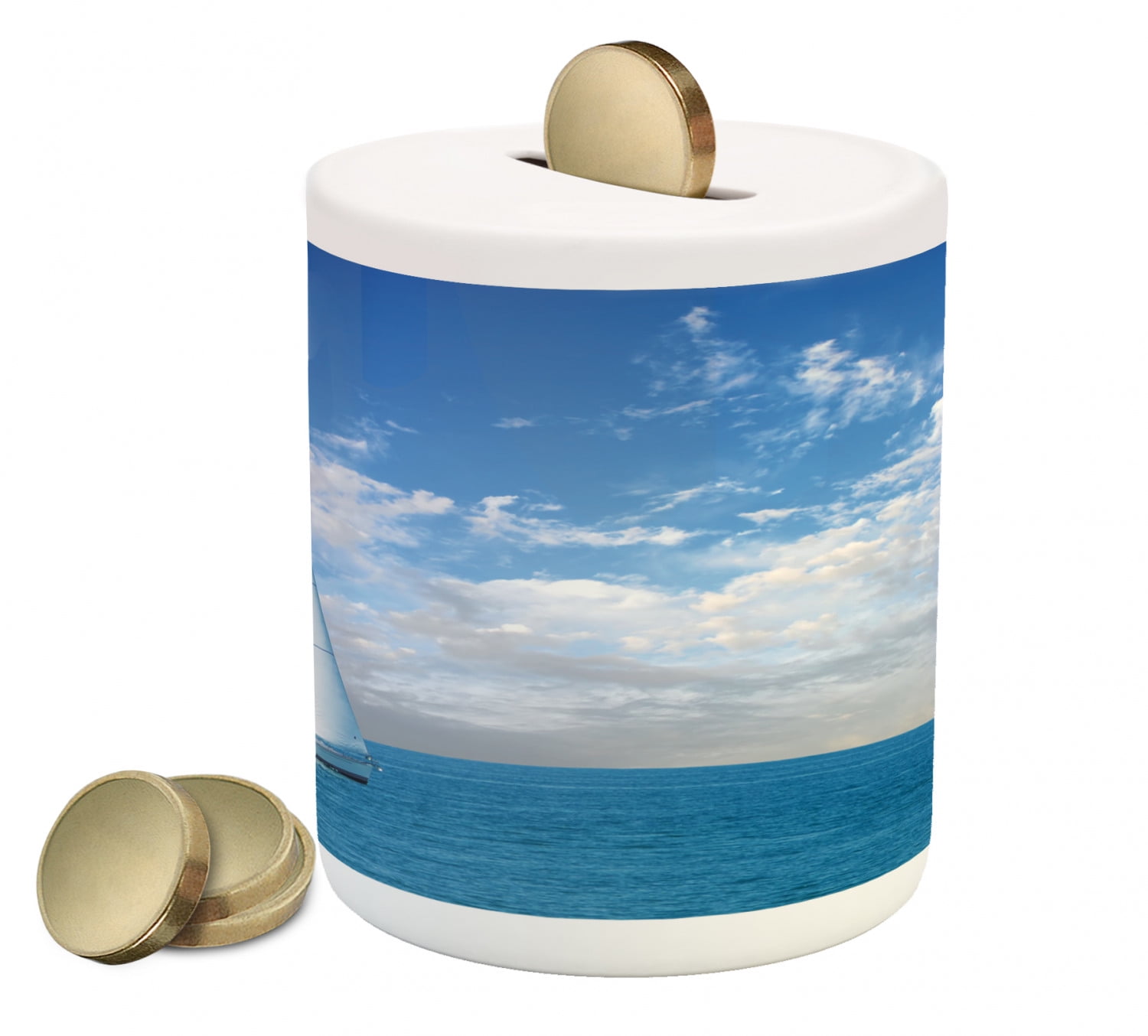 Ocean Piggy Bank, Modern Sail Boat on Sea Horizon Cloudy Sky Summer ...
