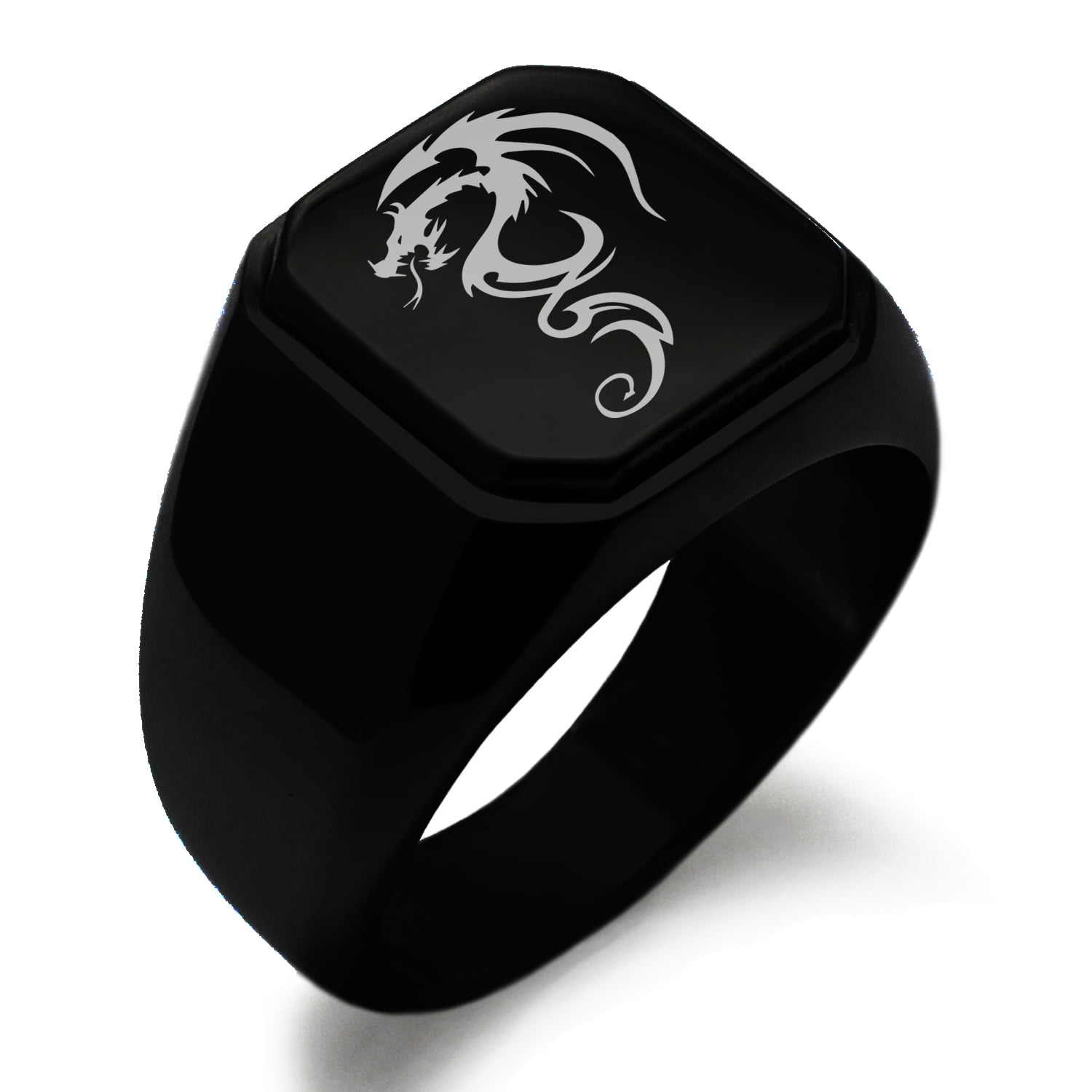 Stainless Steel Shadow Dragon Engraved Square Flat Top Biker Style ...