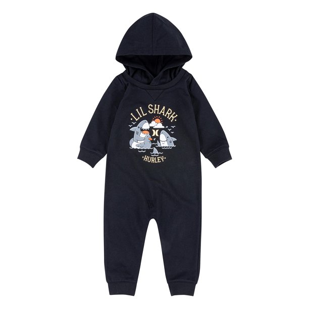 Hurley Baby Boys' Long Sleeve Hooded Coverall, Black Lil Shark, 12M ...