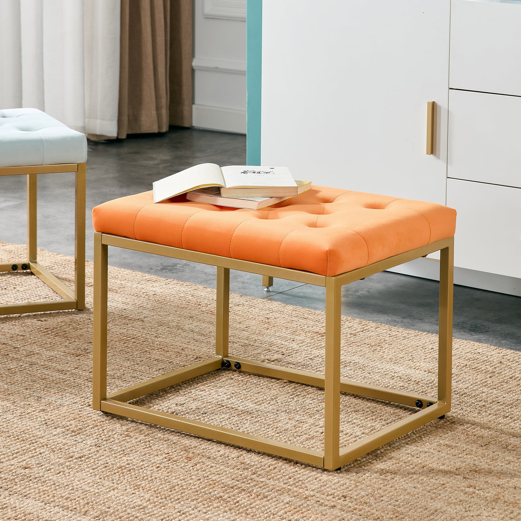 LYPER Chair Velvet Shoe Changing Stool, Orange Footstool, Square Vanity ...