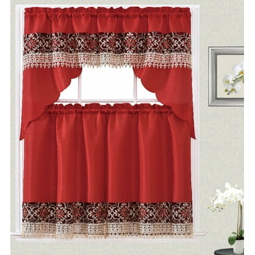 English Rose Macrame Embroidery Design Kitchen Curtain with Swag and ...