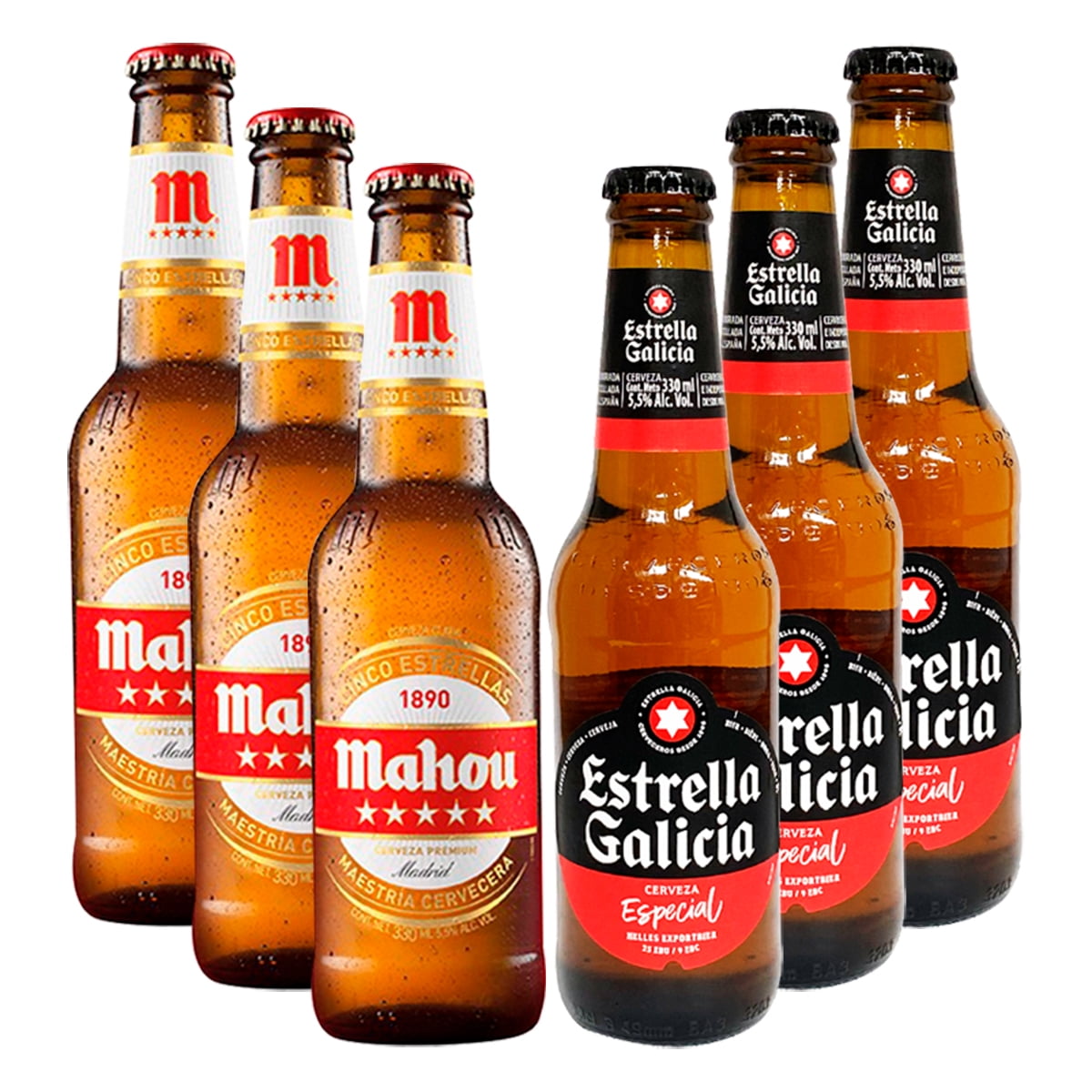 Six Pack Mahou 5 estrellas y Estrella Galicia 330 ml Mahou Lager ...