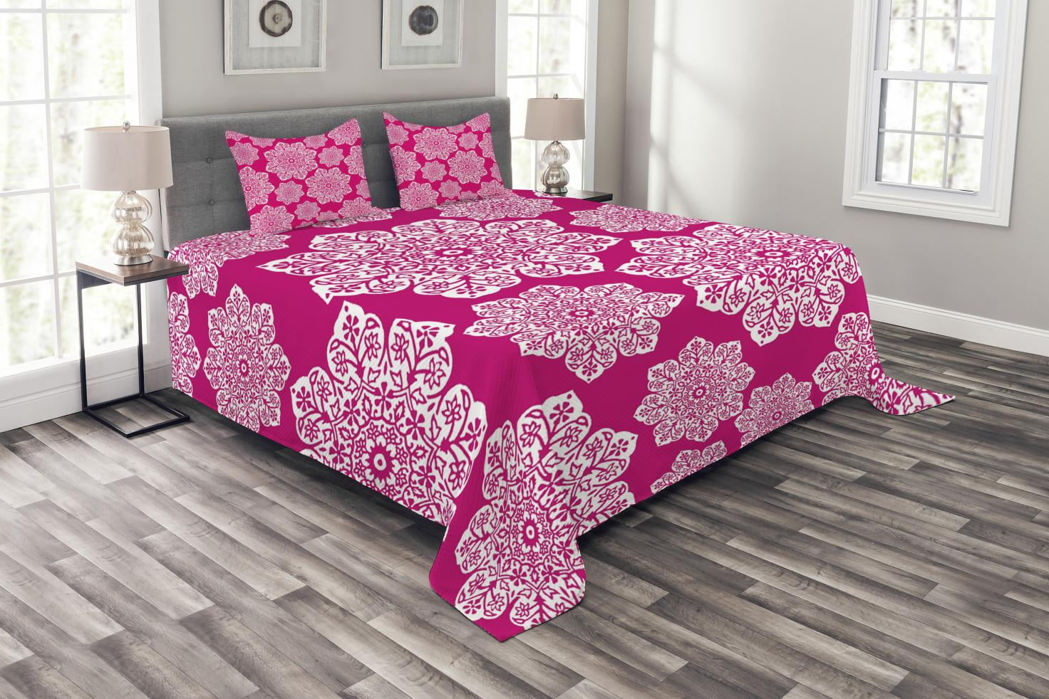 Ambesonne Hot Pink Quilted Bedspread Set 3 Pcs, White Floral Mandala ...