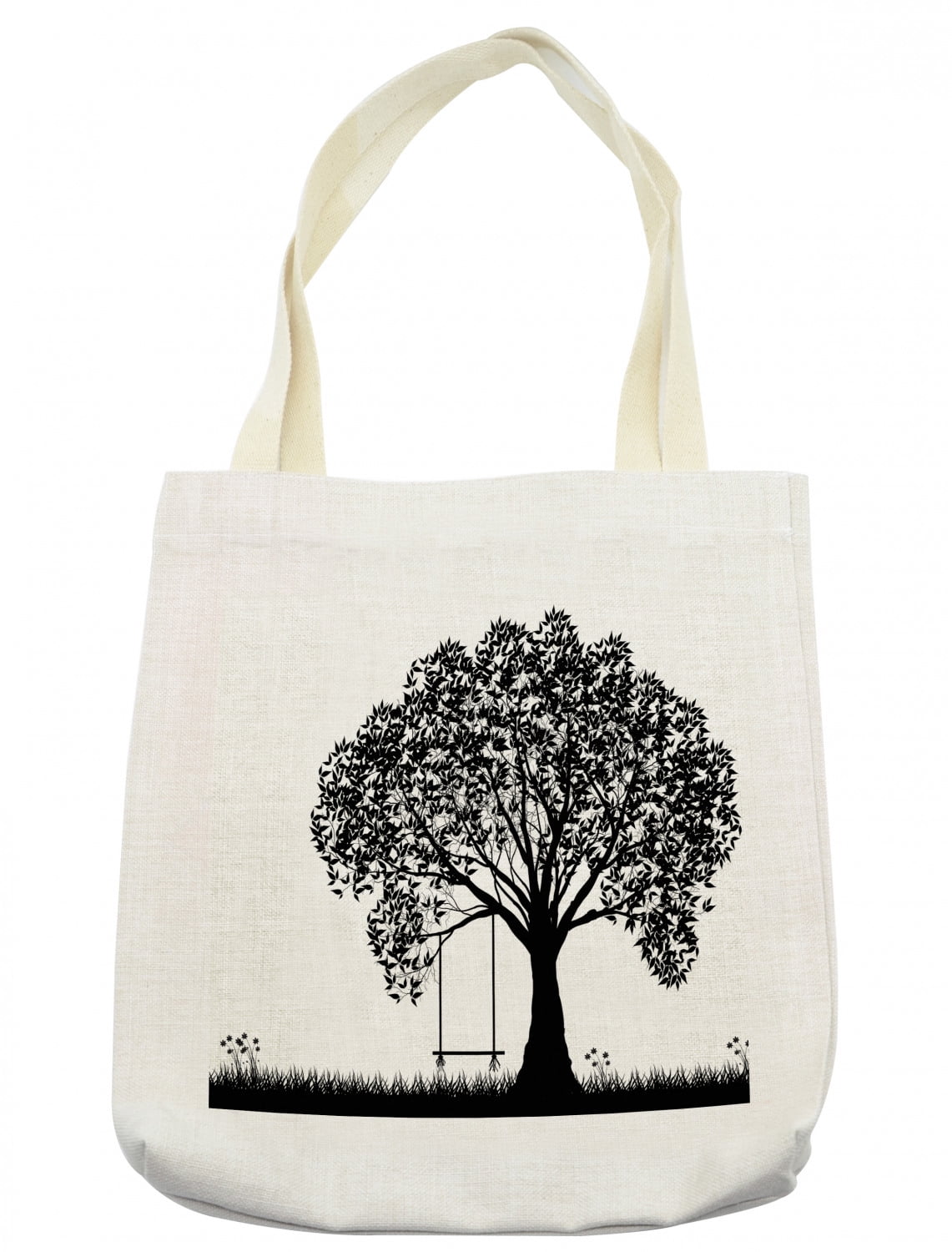 Tree Tote Bag, Tree Silhouette with Swing Illustration Flowersnd Grass ...