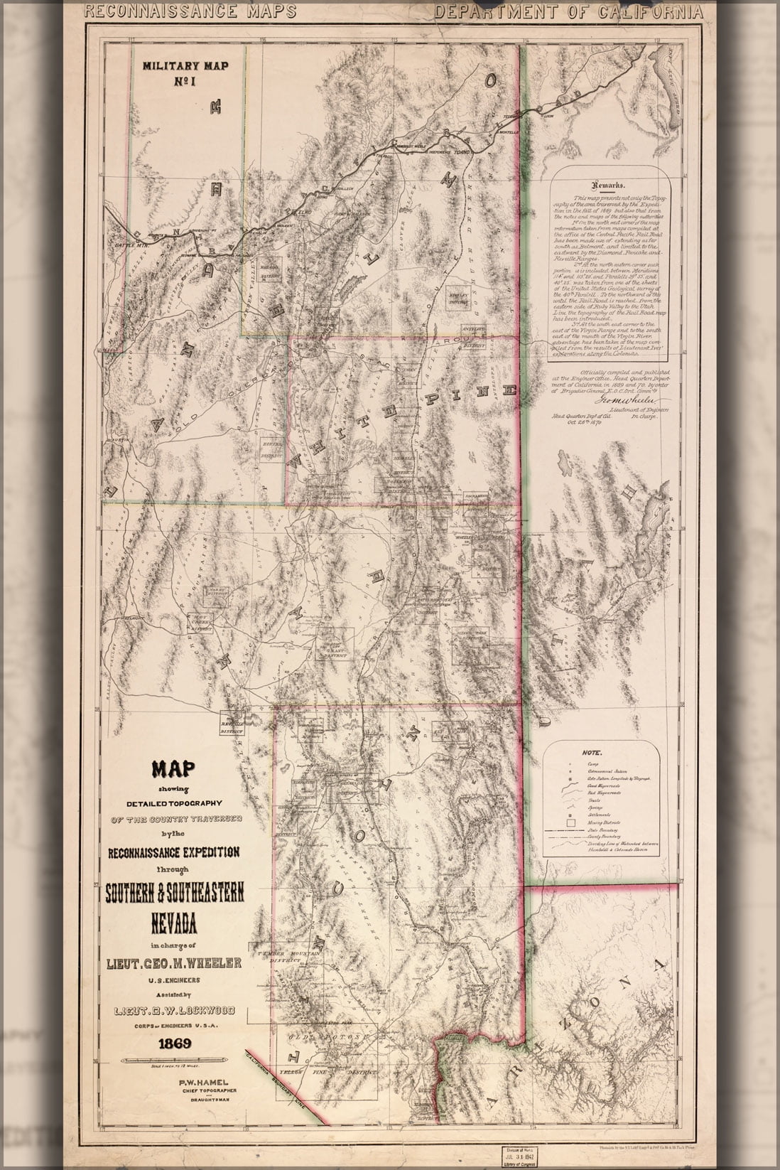 24"x36" Gallery Poster, Map of topography of southern Nevada 1870 ...