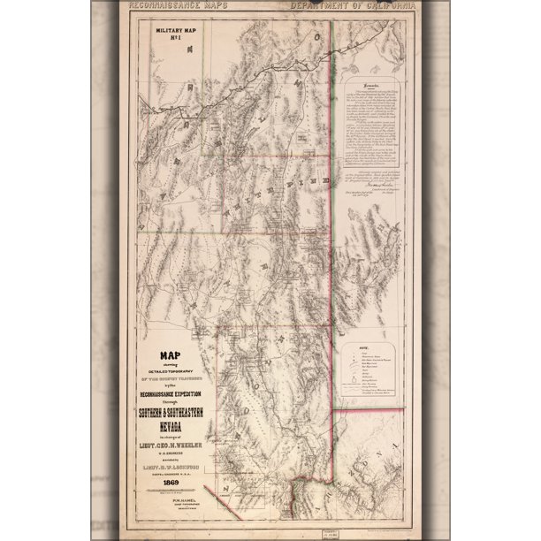 24"x36" Gallery Poster, Map of topography of southern Nevada 1870 ...