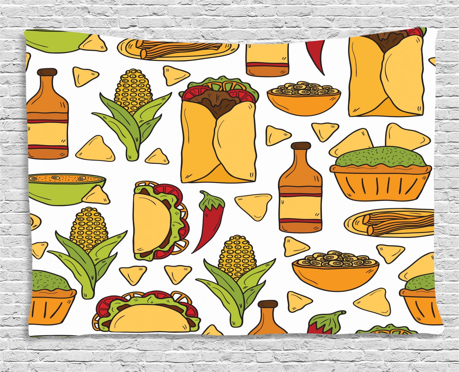 Mexican Tapestry, Latin Food Chili Taco Nachos Burrito Tequila Rice ...
