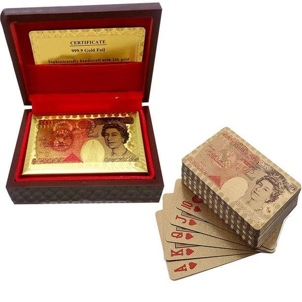 VONKY UK 50 Pound Playing Cards 24k Gold Plated Cards with Wooden Box ...