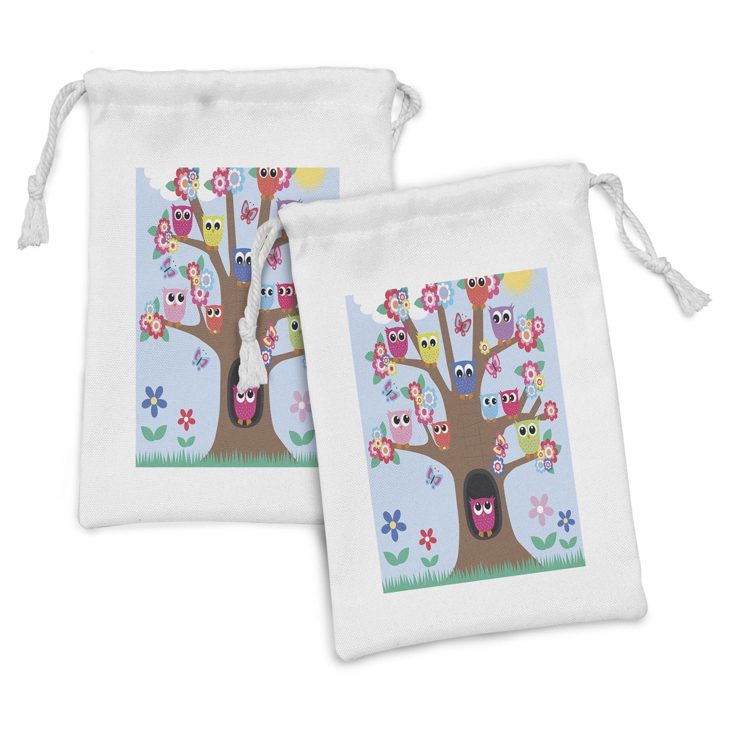 Owl Fabric Pouch Set of 2, Cartoon Birds and Butterflies on a Tree ...