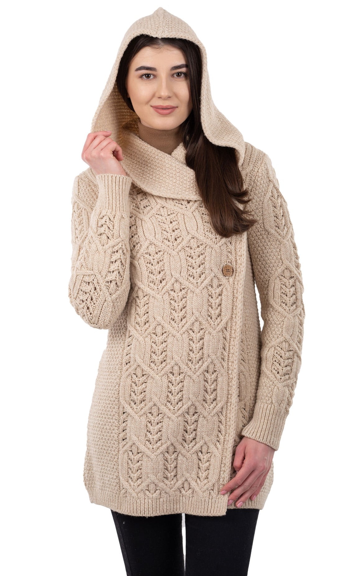 SAOL Aran Leaf Buttoned Coat Cardigan for Women Double Breasted Irish ...