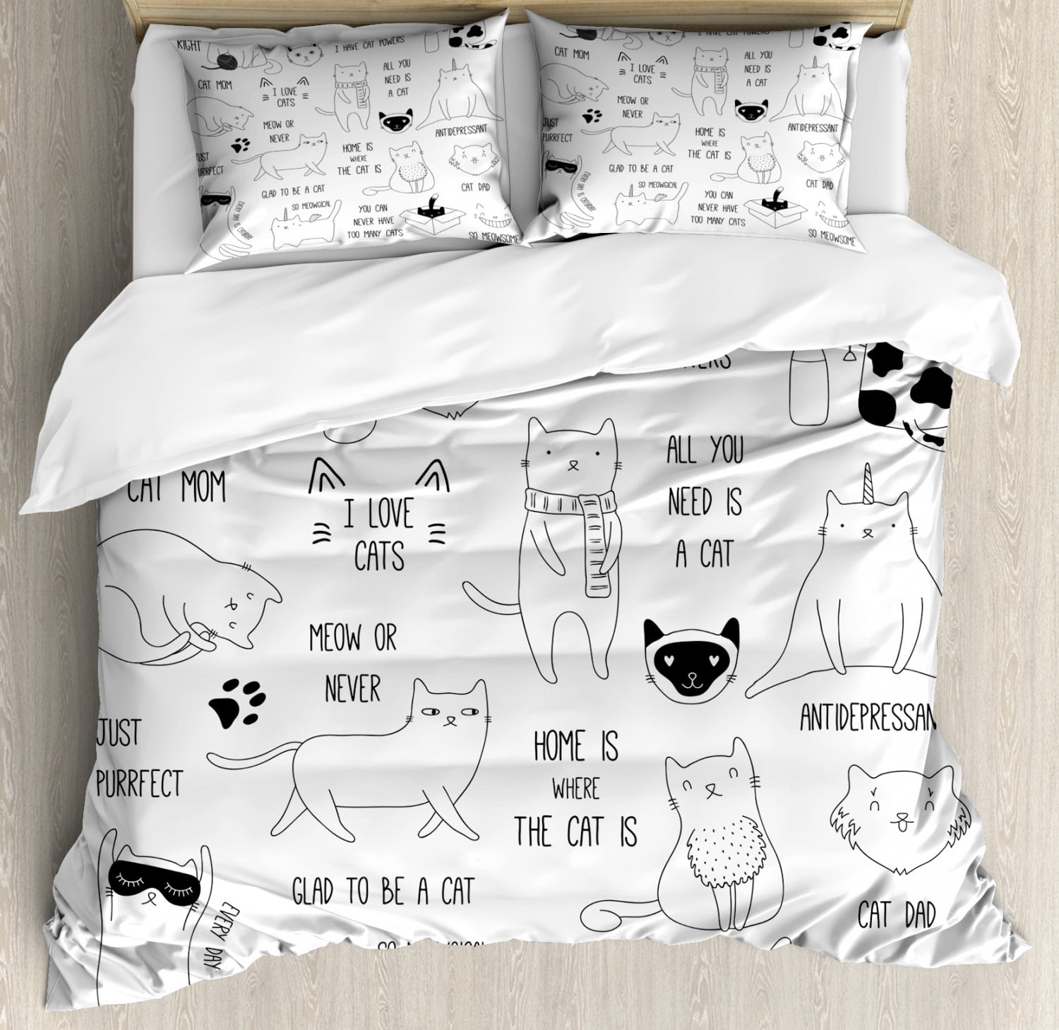Cats Duvet Cover Set Queen Size, Doodle Composition of Animals with ...