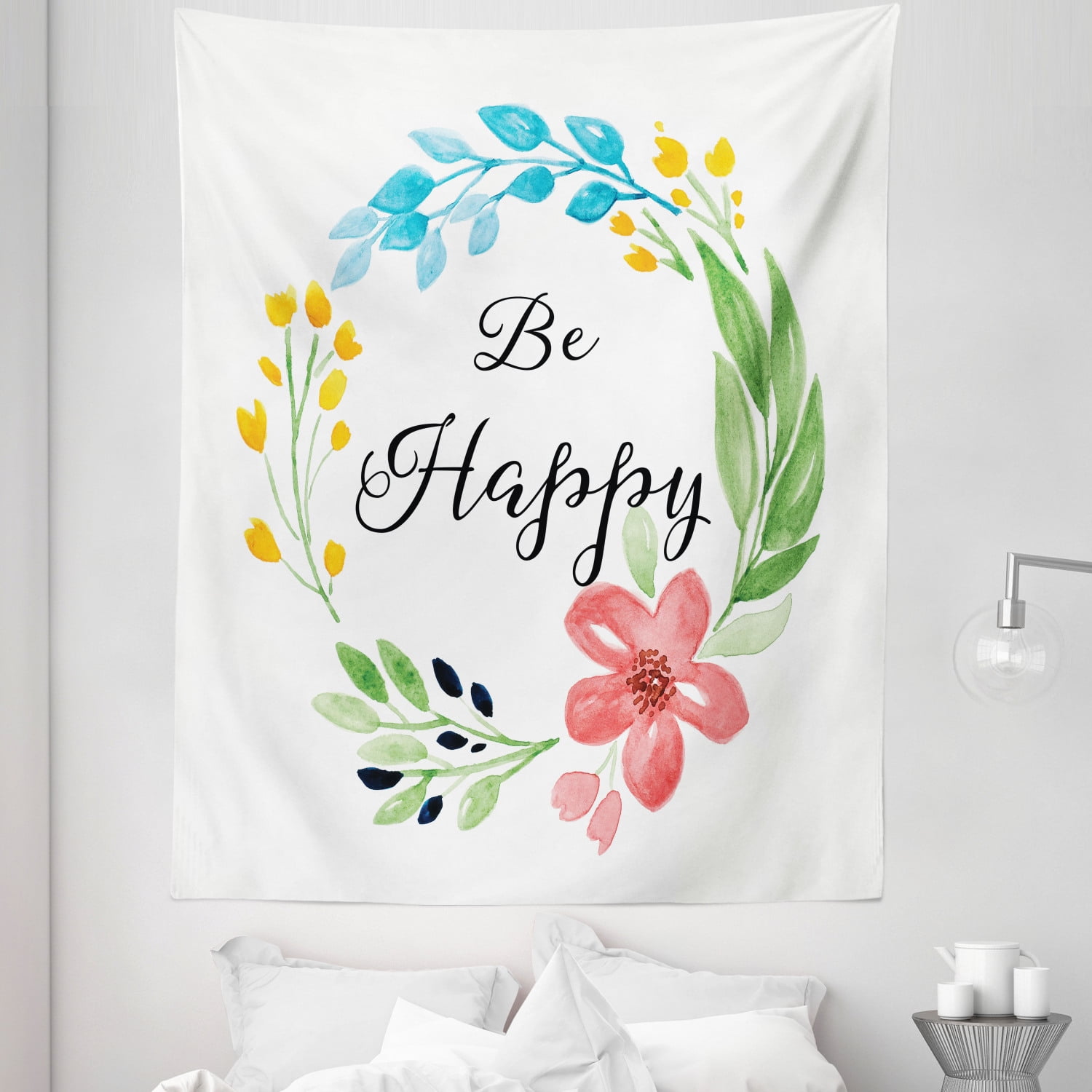 Be Happy Tapestry, Writing Surrounded by a Wreath of Watercolor Style ...