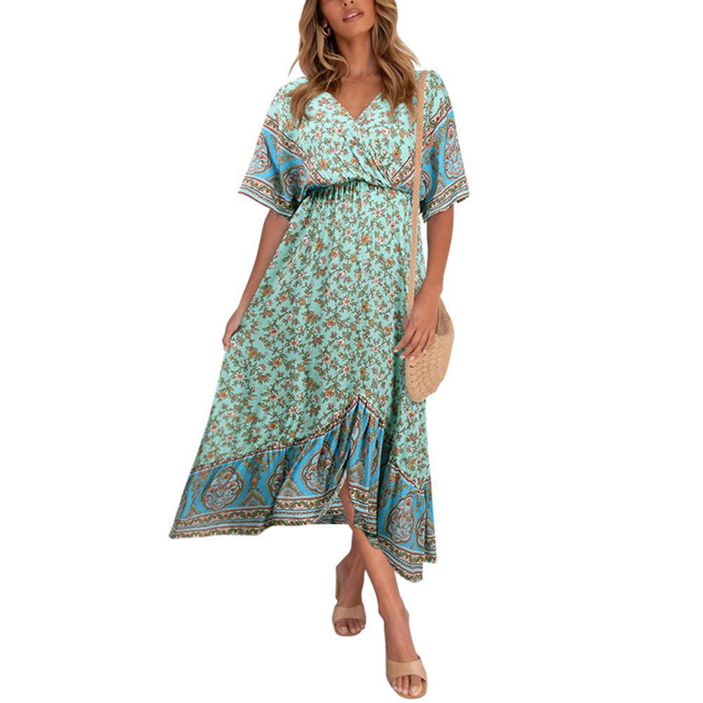 Summer Womens Bohemian Printed Floral Short Sleeve V Neck High Waist
