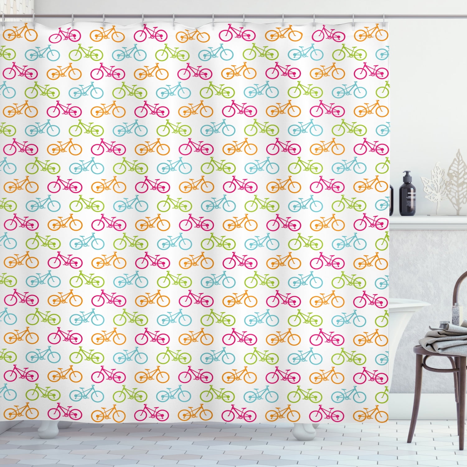 Ambesonne Bicycle Shower Curtain, Different Colored Bikes, 69"Wx70"L ...