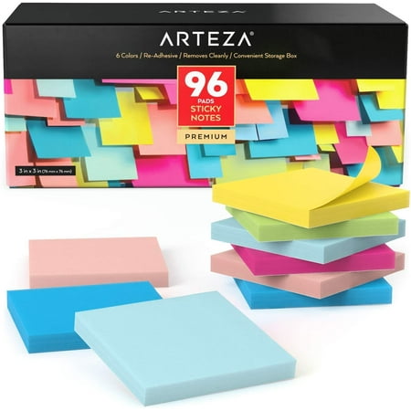 ARTEZA 3x3 Inches Sticky Notes, 96 Pads, 100 Sheets Per Pad, Bulk Pack ...