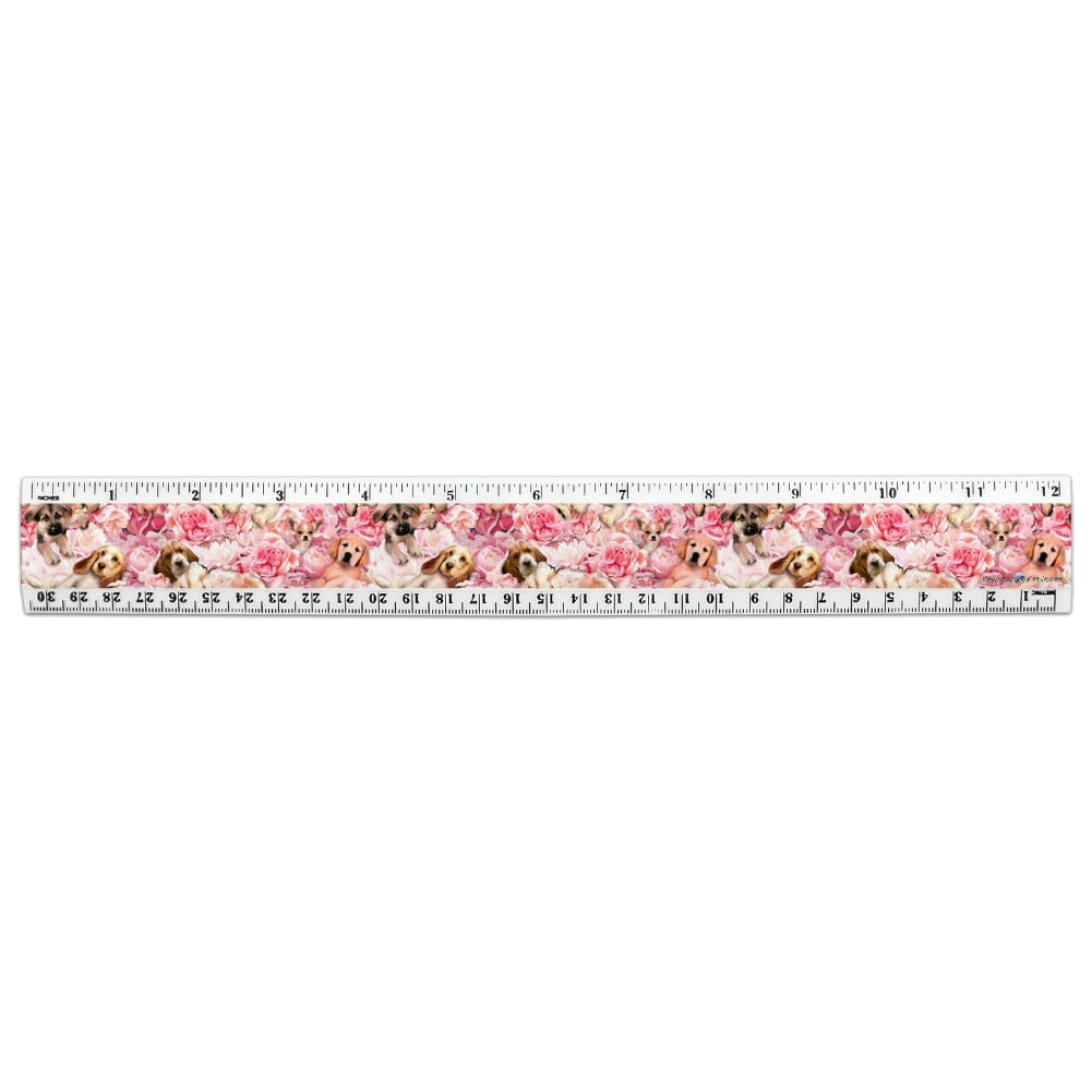 Puppies Dogs Pink Flowers Pattern 12 Inch Standard and Metric Plastic ...