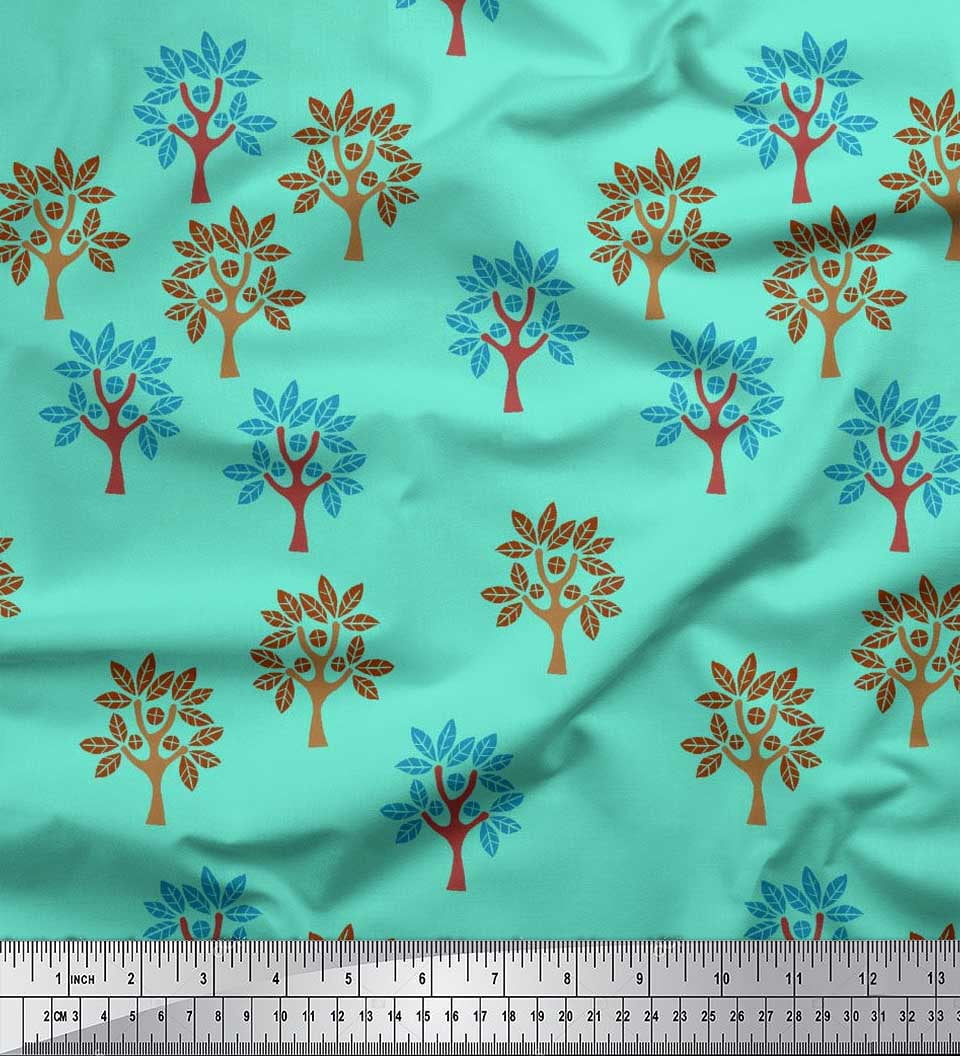 Soimoi Satin Silk Fabric Tree Block Print Fabric by The Yard 42 Inch ...