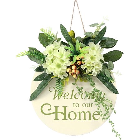 Wooden Welcome Sign with Hooks and Fake Flowers Hanging Garland with ...