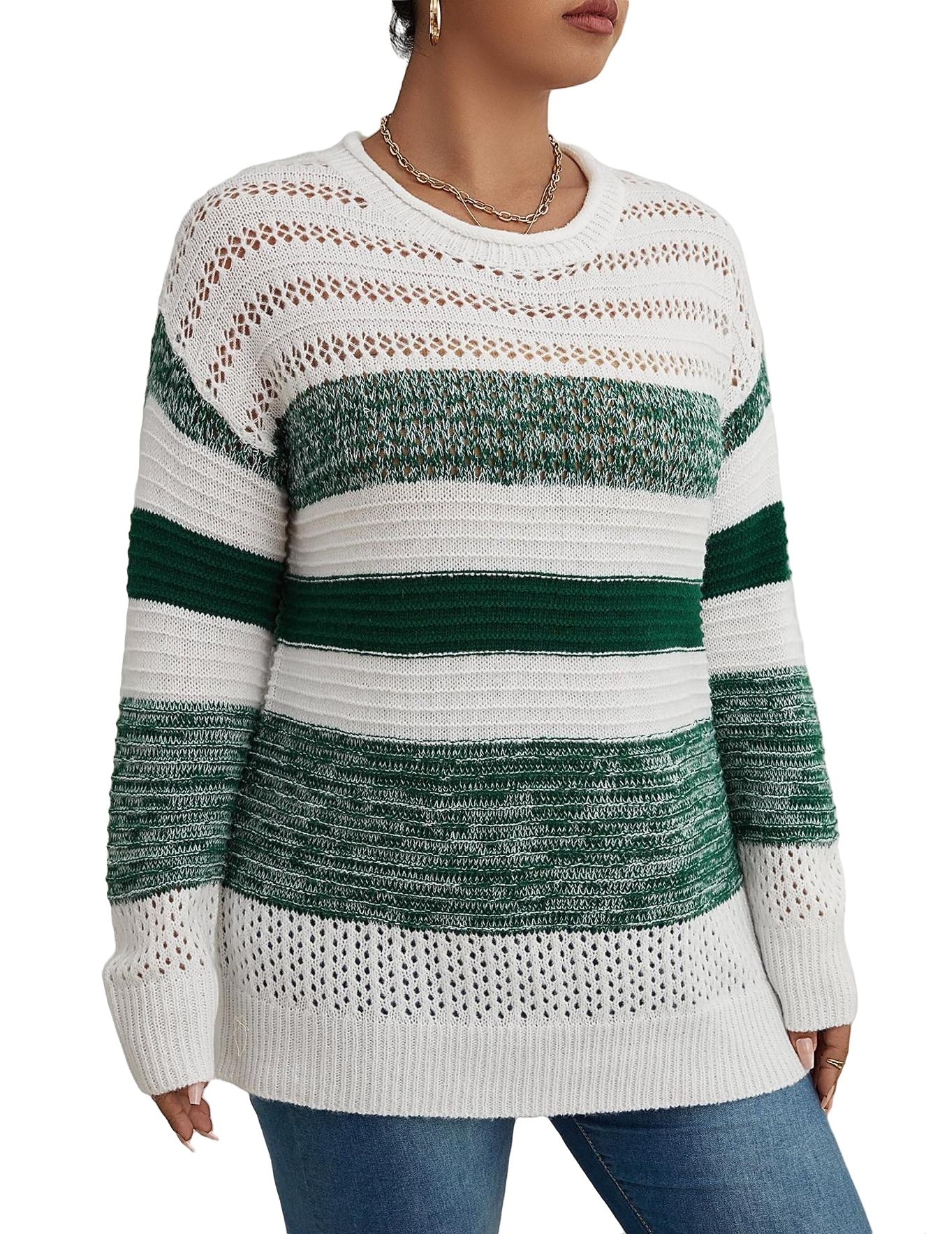 Casual Striped Round Neck Pullovers Long Sleeve Green Plus Size ...